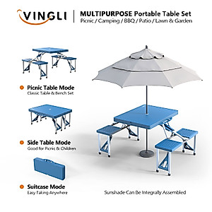 VINGLI 4 Ft Camping Picnic Table Set with 4 Seats with Umbrella Hole Folding Lightweight Suitcase Card Table-220 Lbs Support Aluminum Frame, Plastic RV Tabletop for Barbecue,Travel,Outing,Gathering