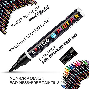 Paint pens for Rock Painting - Wood, Glass, Metal and Ceramic Works on Almost All Surfaces Set of 15 Vibrant Medium tip Oil Paint Marker Pens, Quick Dry, Water Resistant