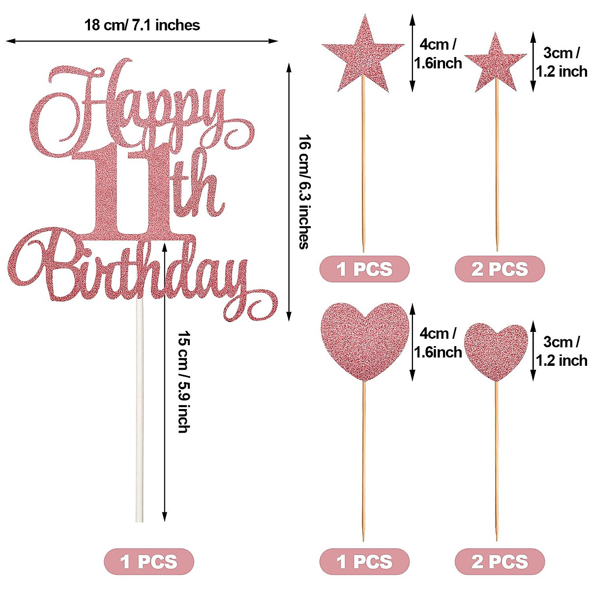 11th Birthday Cake Decorations Set Include 11th Birthday Candles Numeral 11 Cake Candles and Happy 11th Birthday Cake Toppers with Heart Star Cupcake Picks for Birthday Party (Rose Gold Series)