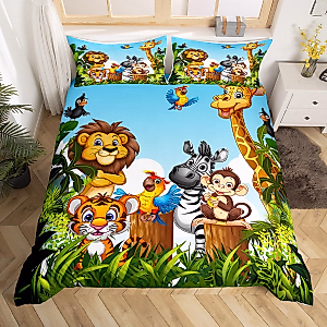Animals Comforter Cover Queen, Kids Funny Cartoon Bedding Set Boys Girls Green Teen Duvet Cover Colorful Jungle Animal Giraffe Lion Tiger Monkey Zebra Sloth Bird Tree Leaf Zoo Party Decor Bedding Room