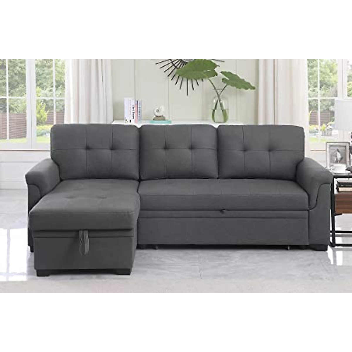 Lilola Home Lucca Performance Artificial Leather L-Shaped Pull-Out Sleeper Sofa Sectional with Reversible Storage Chaise and Solid Wood Frame, Gray