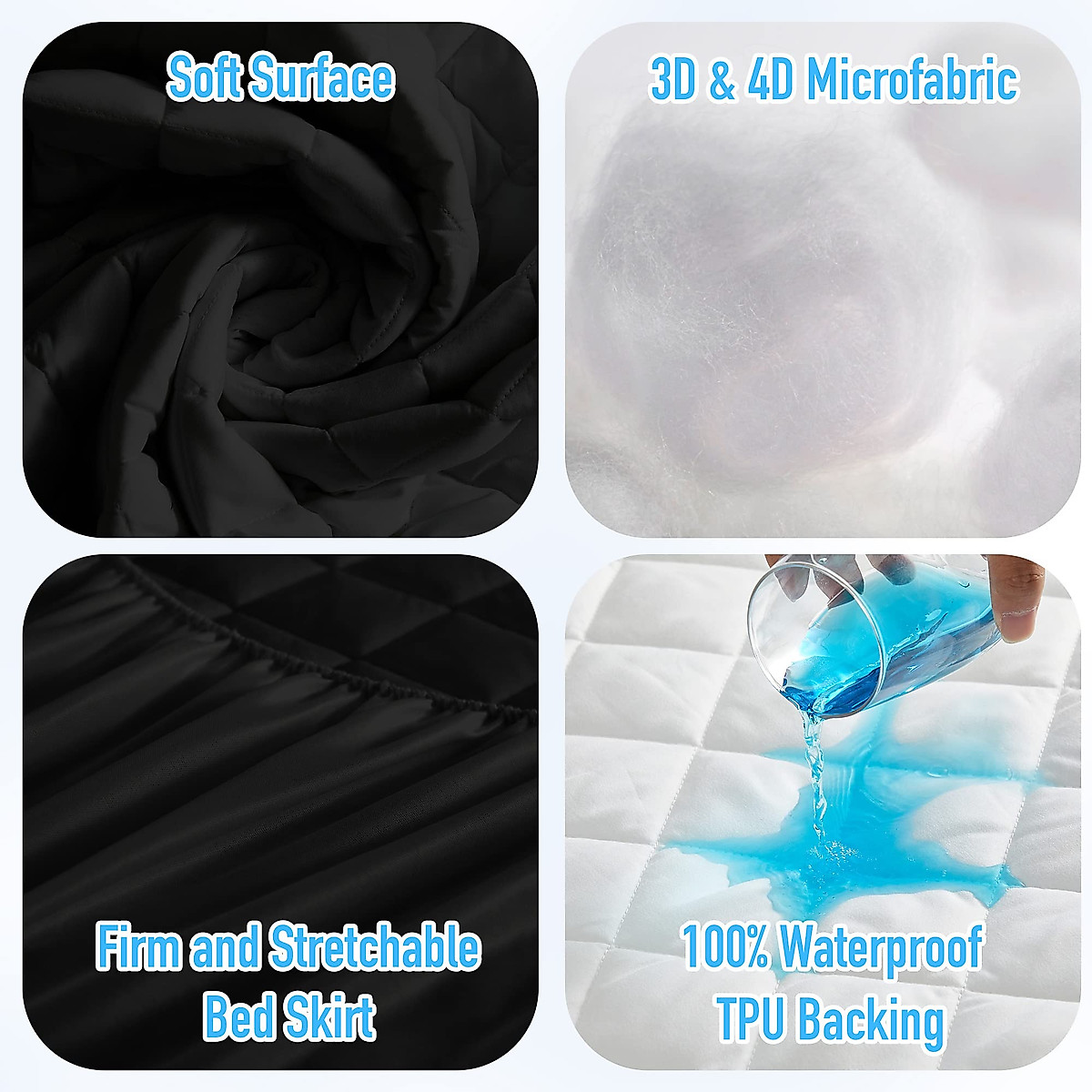 HYLEORY Queen Size Waterproof Mattress Pad Protector, Breathable Quilted Mattress Cover Noiseless Waterproof Fitted Sheet Mattress Topper Upto 21" Deep Pocket, Black