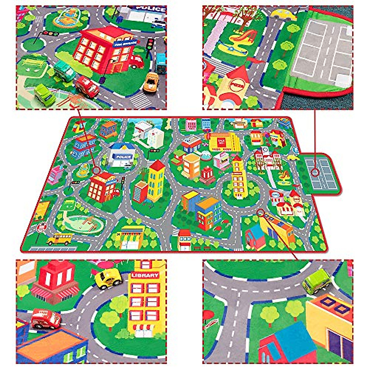beetoy Car Rug Play Mat, Car Mat for Kids Toy Cars, Car Play Rug Toy Car Mat Large Car Play Mats for Kids City Life Race Car Track Rug Portable Anti-Slip Educational Rug with Roads for 6 Toy Cars