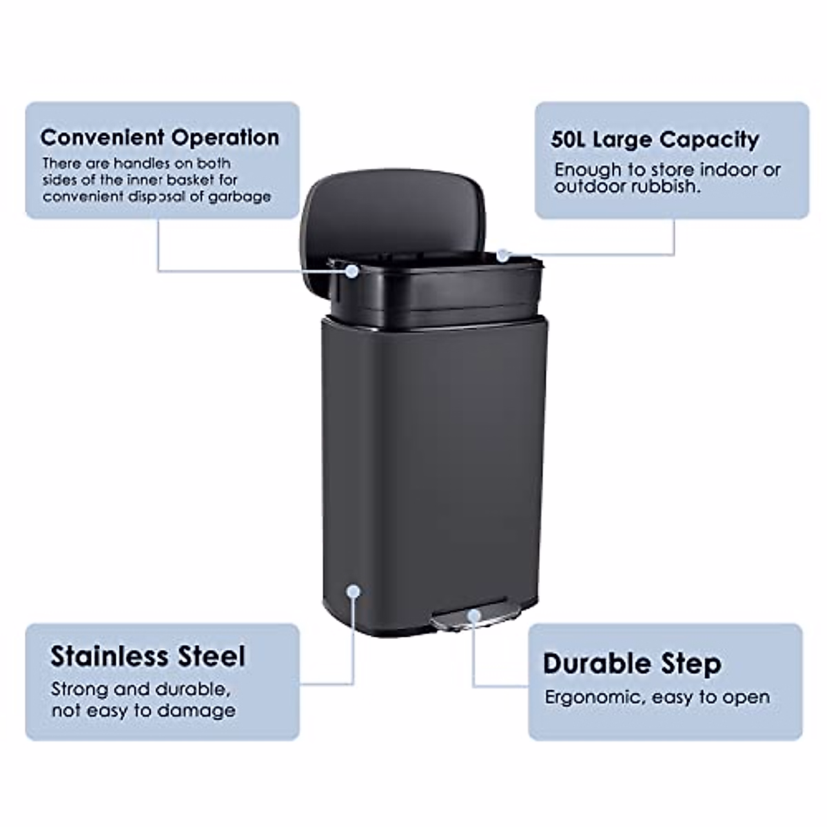 FINETONES Trash Can, Stainless Steel Garbage Can with Silent Lid, Durable Pedal & Inner Bucket, Pedal Garbage Bin for Kitchen Inside Outside (50L, Dark Gray)
