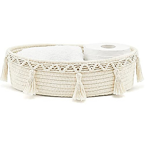 Mkono Small Macrame Storage Basket for Toilet Tank Top Boho Bathroom Decor Woven Cotton Rope Back of Toilet Organizer Tray for Counter Shelf Table Bedroom Living Room Nursery, Ivory, 1 Pack