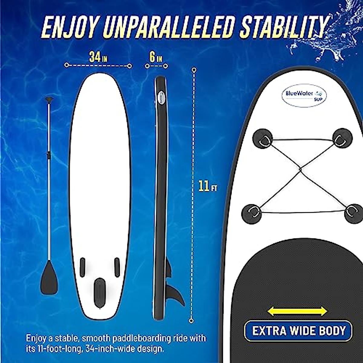 Blue Water Toys Portable Inflatable Stand Up Paddle Board Kit with Pump, Backpack, Coil Leash, and Repair Kit, SUP 350 Pound Limit, 11 Feet by 34 Inches