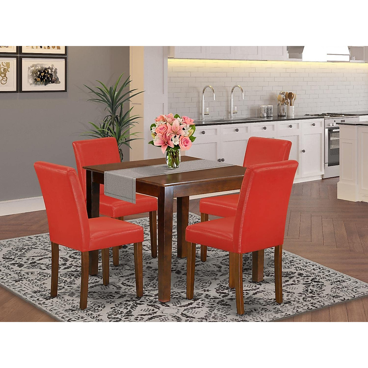 East West Furniture OXAB5-MAH-72 Oxford 5 Piece Modern Set Includes a Square Wooden Table and 4 Firebrick Red Faux Leather Parson Dining Chairs, 36x36 Inch