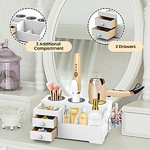 FINECLICK Hair Tool Organizer, Wood Hair Dryer and Styling Stand, Bathroom Countertop Blow Dryer & Flat/Curling Iron Holder with Drawers, Vanity Caddy Storage for Toiletries, Accessories & Makeup