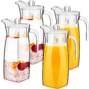 Didaey 4 Pack Acrylic Water Pitcher with Lid and Spout Handle Clear Plastic Pitcher Heat Resistant Plastic Carafe Unbreakable Beverage Container Fridge Jug for Juice Iced Tea Sangria Lemonade (44 oz)