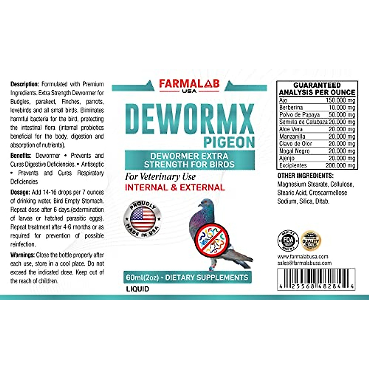 DEWORMX Liquido para Palomas 60ml DEWORMX Liquid for Pigeons Doves Birds 60ml Palomos Buchones Mensajeros Pigeon Tabs Pigeonvita Vitamins La Lechita