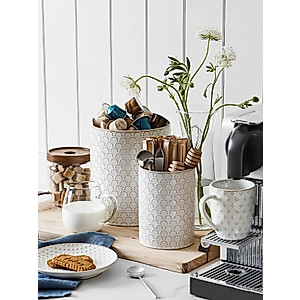 LE TAUCI Utensil Holder, 7.1" Ceramic Kitchen Utensil Holder for Counter top, Embossed Cooking Utensil Organizer for Spatula & Spoon, Kitchen Decor, Set of 1, Arctic White,Fireworks