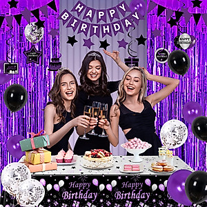 Purple Black Birthday Decorations for Women Girls, Happy Birthday Party Decorations for Her Him Bday Party Supplies Balloons Tablecloth Foil Fringe Curtains Hanging Swirls Decor Pennant Flag