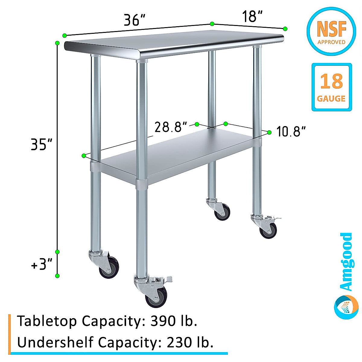 AmGood 18" X 36" Stainless Steel Work Table with Under-Shelf & 4 Wheels | Laundry Garage Utility Bench | Prep Worktable | Kitchen Island Food Prep | NSF Certified
