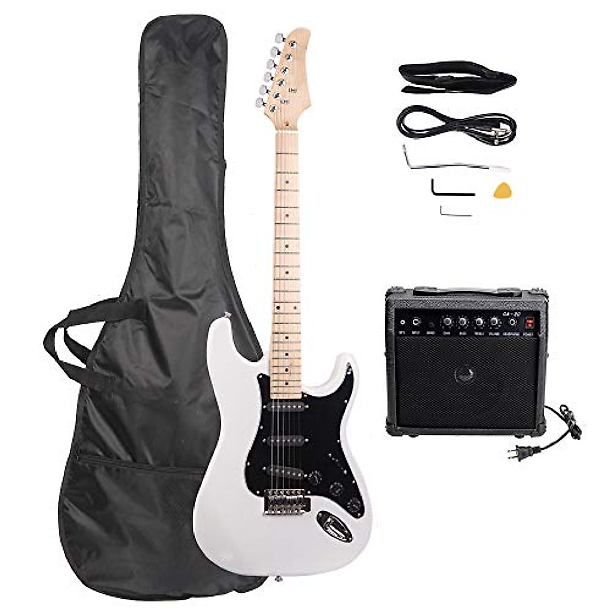 Electric Guitar 39" inch Complete Beginner Starter kit Full Size with 20w Amp,w/Strap,Bag,Guitar Amplifier,Power Wire,Plectrum,Tremolo Bar (White)