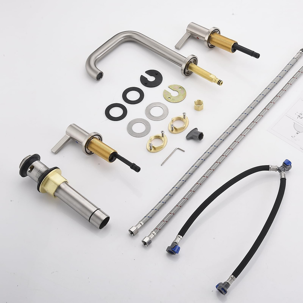 RKF Bathroom Faucets for Sink 3 Hole Brushed Nickel 8 inch Widespread Bathroom Sink Faucet with Drain Double Lever Handle Faucet Bathroom Vanity Faucet Basin Mixer Tap Faucet with Hose&Deck CWF028-BN