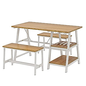 SogesGame Dining Table Set 3 Piece Kitchen Table Set Breakfast Table Set with Benches and Wine Rack Glass Holder 47.2 in Dining Room Table Set for 4 Oak