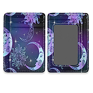 Linomo Thin leather Card Holder and Money Clip Galaxy Sun Moon Star Wallet RFID Blocking for Men & Women