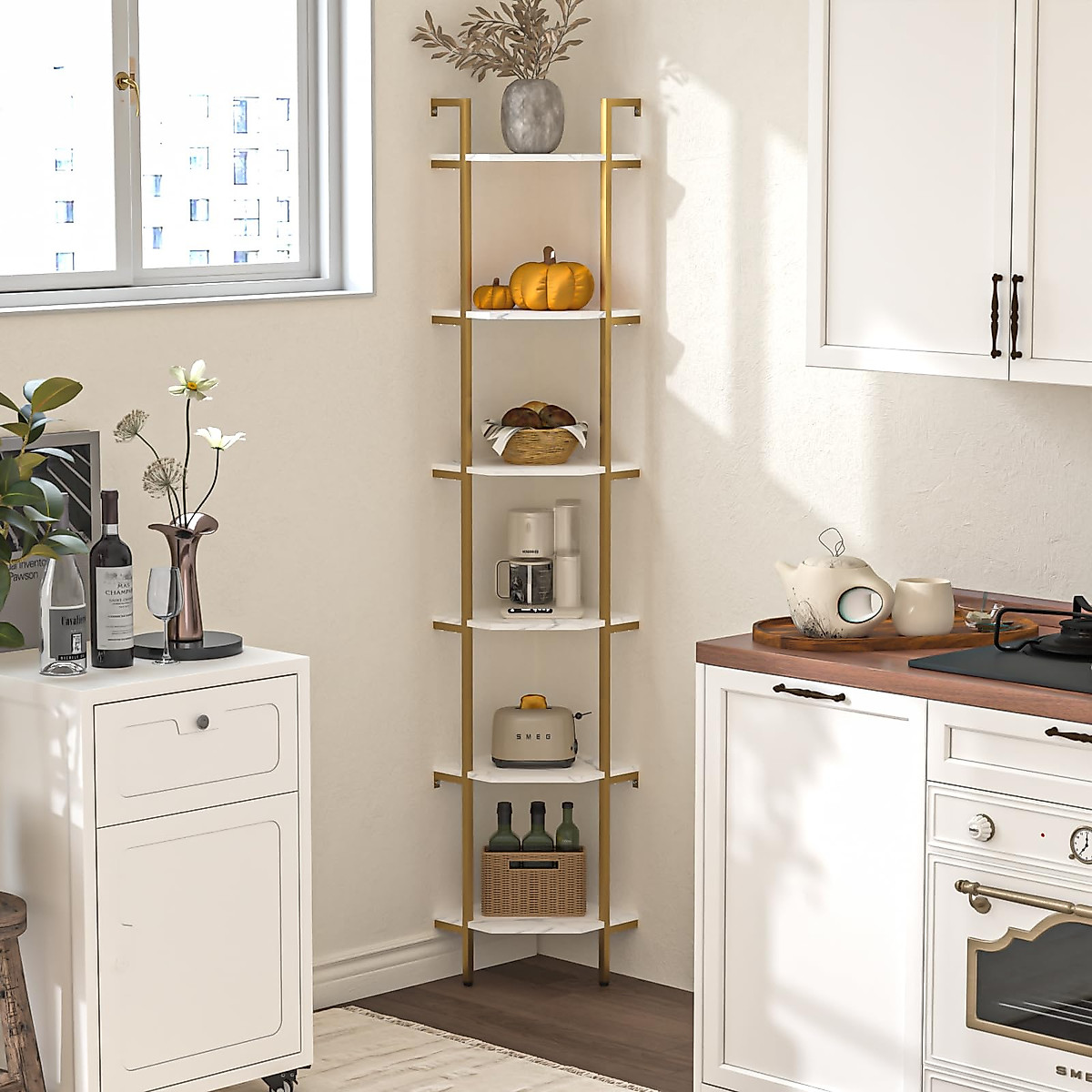 Dosker Corner Shelf White Wall Mounted Bookshelf, 6 Tier Plant Stand and Display Shelf for Living Room,Wall Corner Bookshelf Multi Storage Organizer Ladder Style Shelving Unit with Marble Accents