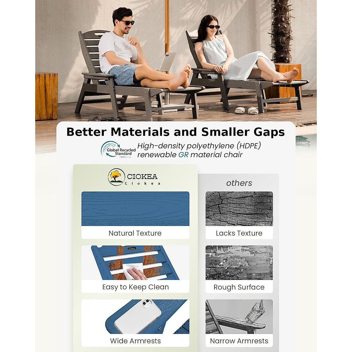 Ciokea Chaise Lounge Chair Outdoor with Wood Texture, Adjustable 5-Position Chaise Lounge Outdoor, Patio Lounge Chair for Poolside Backyard, Azure Blue