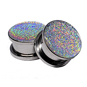 Mystic Metals Body Jewelry Screw on Plugs - Silver Holographic Glitter Plugs - Sold As a Pair (7/16" (11mm))