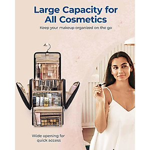 BAGSMART Makeup Bag for Women with Hanging Hook - Portable Cosmetic Case, Large Capacity Door Room Essentials Travel Organizer for Full Sized Cosmetics and Toiletries, Black