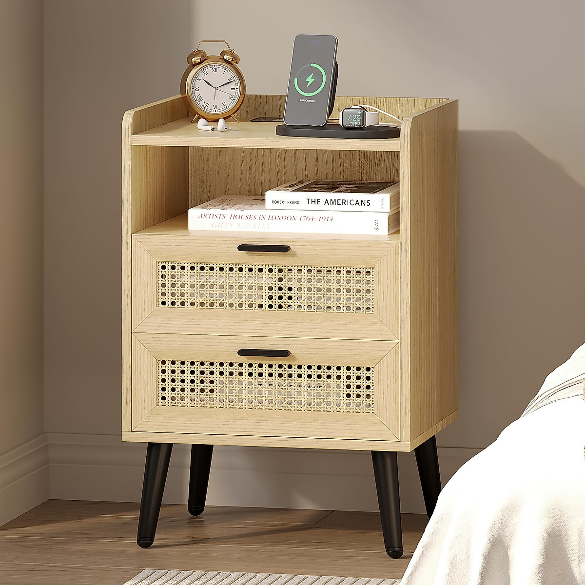 Vlskra Rattan Nightstand with Charging Station, Boho Night Stand with 2 Storage Drawers, Tall Boho Nightstand with Light, 3 Colors Dimmable Lighting, Human Sensor Light (Light Wood)