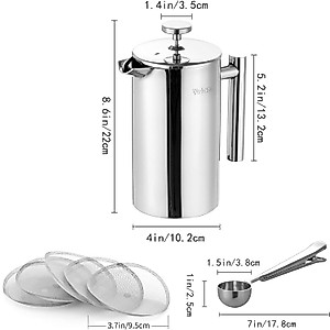 Velaze French Press Coffee Maker 34oz, Double Wall Insulated French Coffee Press Stainless Steel, 1L Coffee Maker Included 4 Extra Fliters and 1 Coffee Spoon