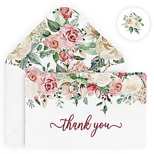 Artoid Mode 24 Pack Rose Flower Thank You Cards Wedding Greeting Cards Gift With Envelope Sticker Blank Note Cards for Birthday Wedding Baby Shower Bridal Shower, 4 x 6 Inch