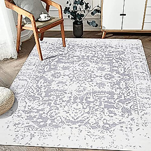Homcomoda Distressed Area Rug 4x6 Non Slip Washable Vintage Bedroom Rug Faux Wool Throw Mat Low-Pile Area Floor Carpet Mat for Living Room Bedroom Kids' Room Kitchen Laundry Room