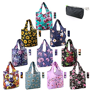 BeeGreen 10 Pack Washable Floral Grocery Bags & 12 Pack 50LBS Foldable Fashion Bags Geometry Printing Machine Washable Durable Xlarge Lightweight for Shopper Camp Travel Outdoor Home