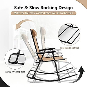 Tangkula Outdoor Folding Rocking Chair, No Assembly Required, Foldable Rocker Recliner with Headrest, Portable Lounge Chair for Camping, Patio, Lawn, Garden, Yard or Balcony Beige