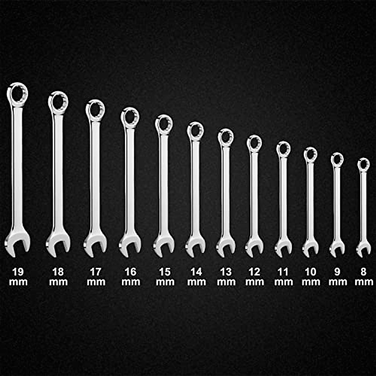 12-Piece Metric Combination Wrench Set in Roll-up Pouch, Non-Skip Sizes 8mm - 19mm | Chrome Vanadium Steel with Mirror Finish | Ideal for General Household, Garage Workshop, Auto Repairs and Much More