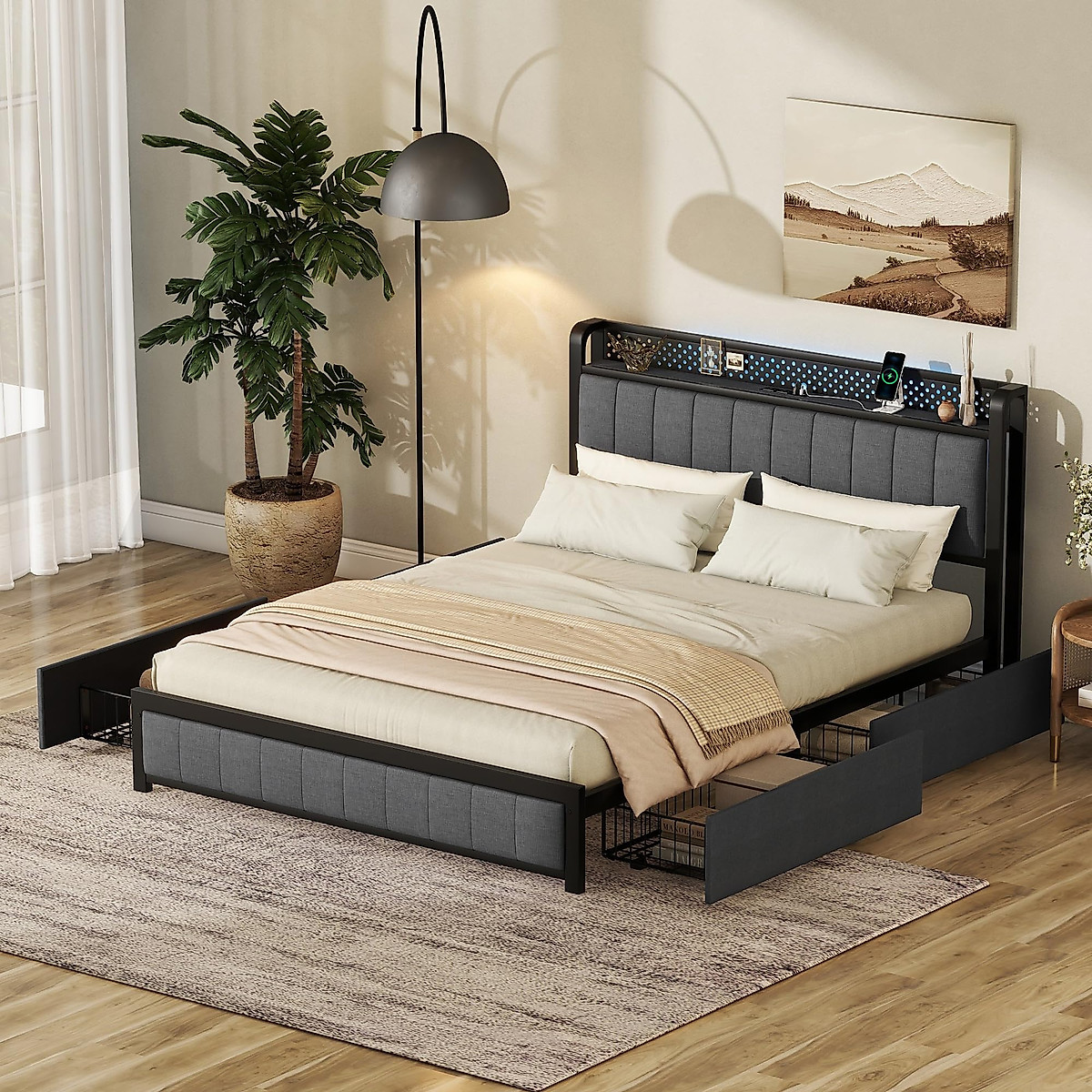 Queen Bed Frame with 4 storage drawers and LED light, LED Bed Frame Queen Size with Shelf Storage Headboard, Upholstered Platform Bed with LED Lights, Solid Wood Slats, Stable Structure (Dark Grey)