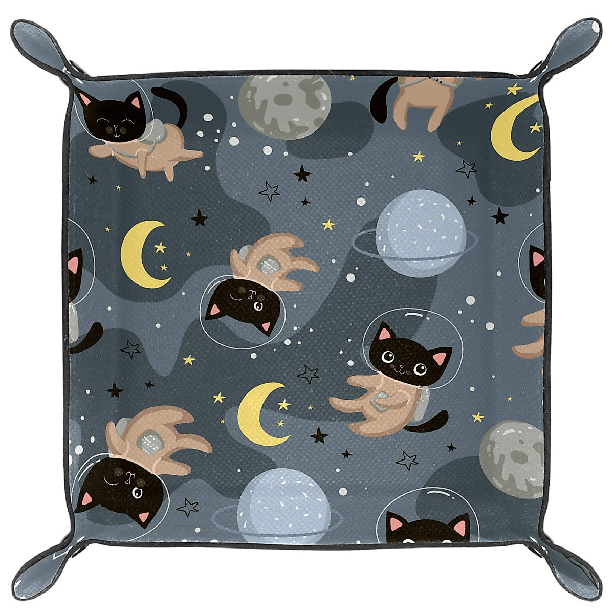 delayer Dice Tray, Folding Tray PU Leather Dice Rolling Tray Holder for RPG Dice Gaming and Other Board Game Table Games,Cute Cats Astronauts Helmets Grey,16x16cm