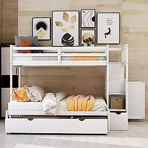 Harper & Bright Designs Twin Over Full/Twin Bunk Bed with 3 Drawers, 4 Storage and Cabinet Door, Twin-Over-Full Convertible Bottom Bed for Bedroom, Dorm, for Family, Kids, Teens, No Box Spring Needed