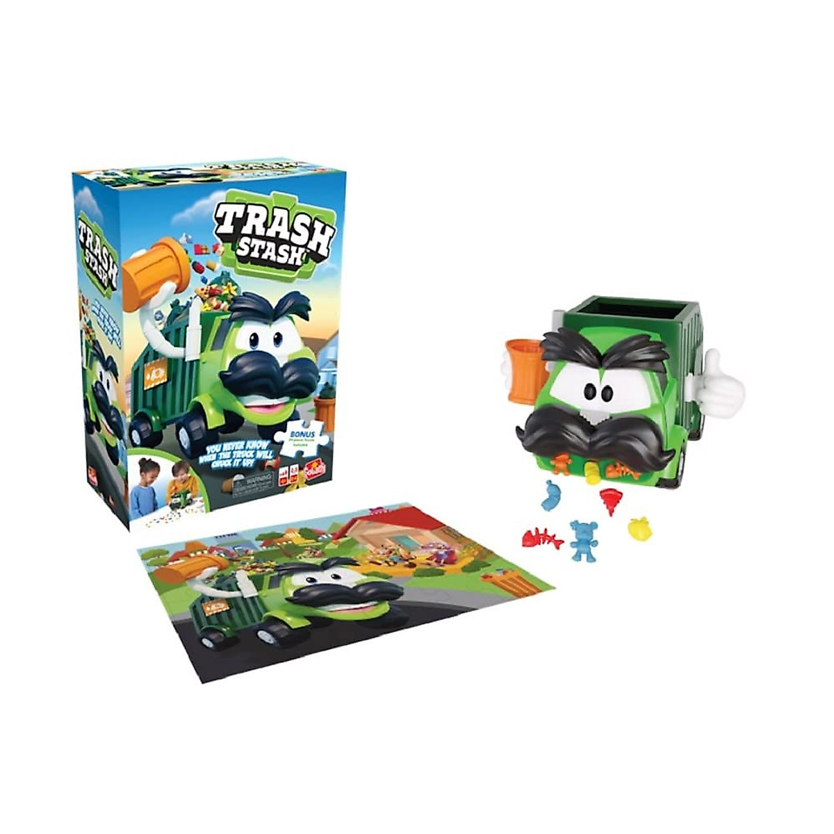 Goliath Trash Stash Game w/ 24pc Puzzle - Fill Trashcan, Watch It Dump Into Garbage Truck Or Truck Chucks It Up - Includes 24-Piece Puzzle