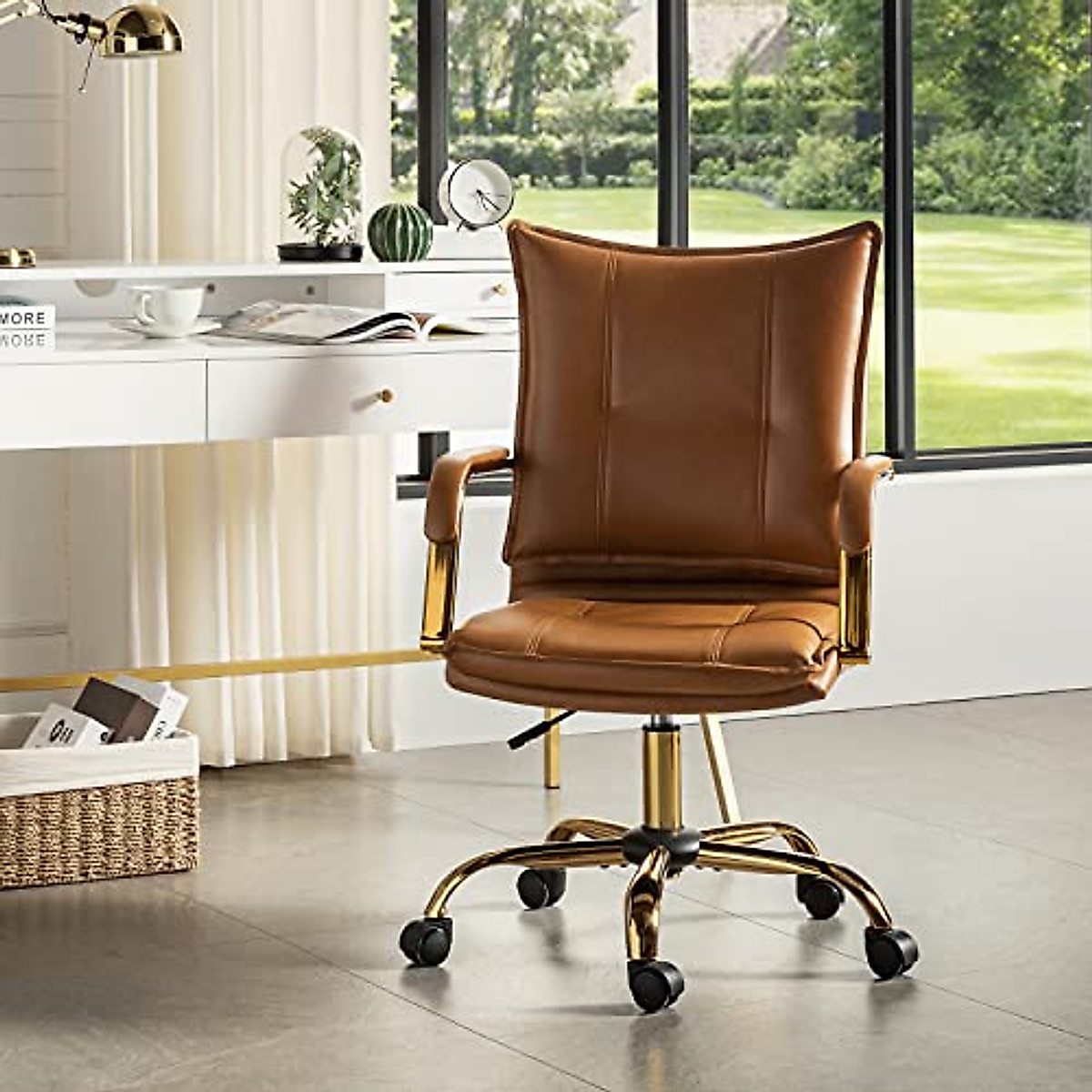HULALA HOME Faux Leather Home Office Desk Chair, Adjustable Swivel Computer Chair with Golden Legs and Arms, Comfy Upholstered Task Chair,Camel