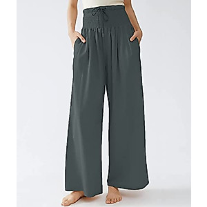 Linen Pants for Women, Summer Drawstring High Waist with Pockets Cotton Linen Palazzo Pants Beach Wide Leg Pant Trousers