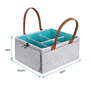 Large Diaper Caddy Organizer Baby Nursery Storage Basket with Zipper Lid and Leather Handle Baby Wipes Stacker Bin Holder - 38 x 25 x 18 cm