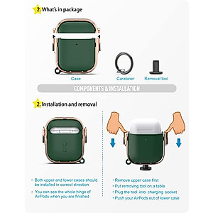 GuarzFun case for AirPods 1st & 2nd Case, Secure Lock Airpod case with Lock lid Keychain Clip, Full Body Hybrid Material Protective Cover for Men Women (Rose Golden + Green)