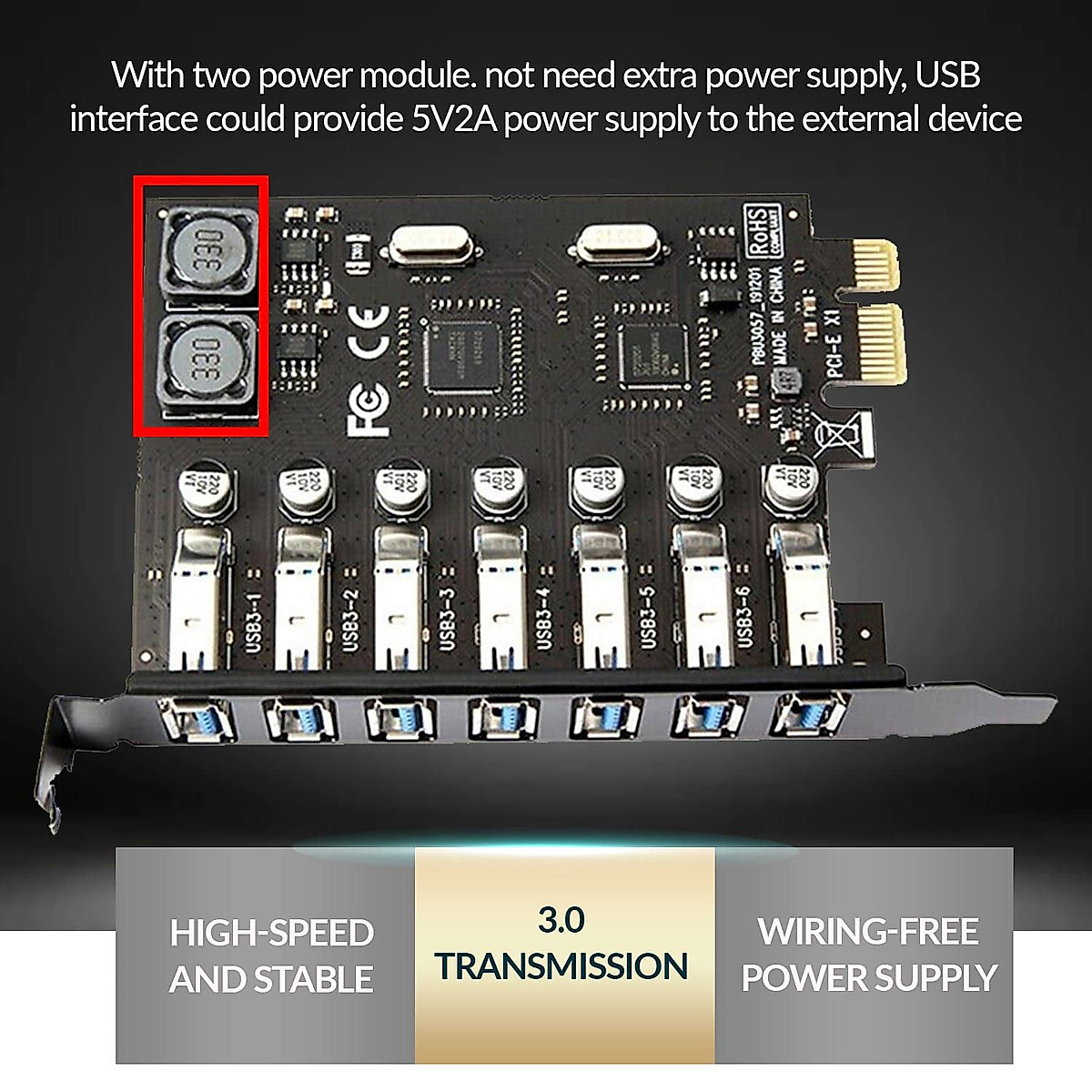 Dracaena 7 Ports USB 3.0 PCI Express USB Expansion Card,USB 3.0 7 Ports Expansion Card,Connect 7 Devices Expanded,Not Compatible with PCIe Riser,Support Desktop PC, Linux/WindowsXP/ 7/8/ 8.1/10