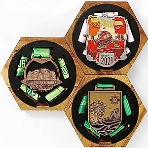 JupDec Medal Hanger Display Honeycomb Wooden Hexagon for Wall, with Strong Magnets & Black Round Iron Medal Holder for Sports Marathon Gymnastics, 7 Pack