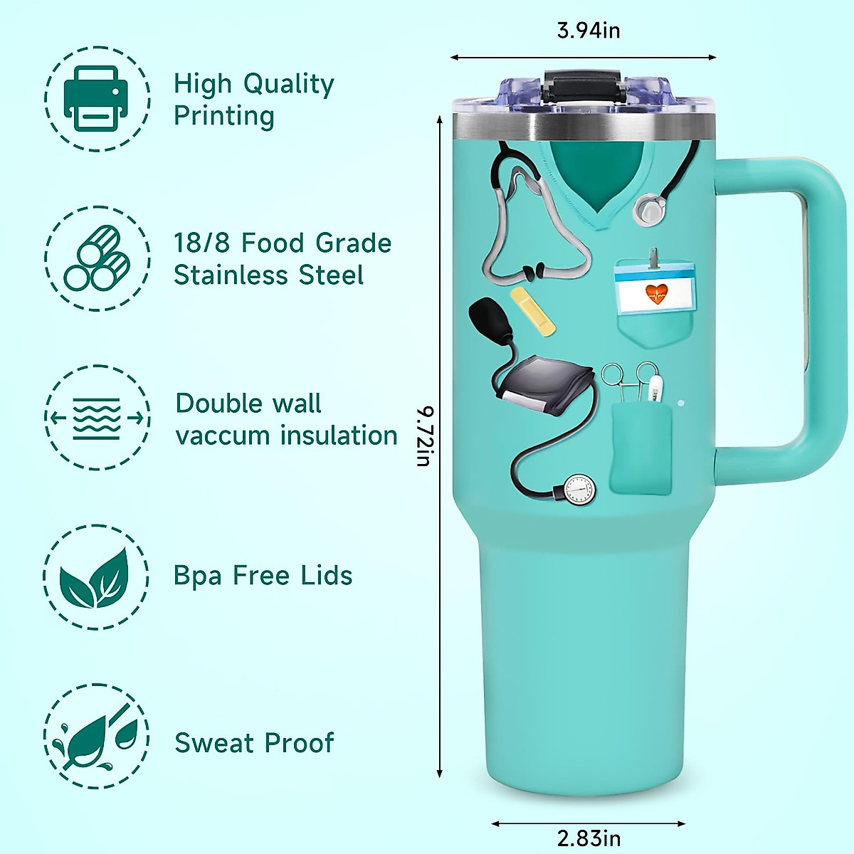 Nurse Gifts- Thank You Gifts For Nurse, Graduation Gifts - Graduation Gifts for Her, Colleagues, Work Besties/Graduation/Birthday Gifts For Nurse - Insulated Tumbler 40oz With Handle(Green)