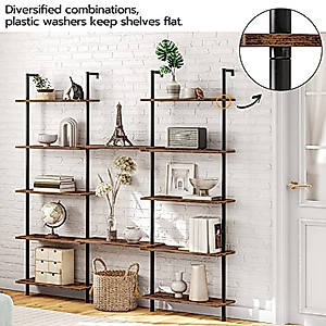 HOOBRO 5-Tier DIY Ladder Shelf and 6-Tier Wall Mounted Bookshelf, Office Vertical Bookcase, Wooden Storage Shelves for Home Office, Bedroom, Rustic Brown BF53CJ01-BF65CJ01