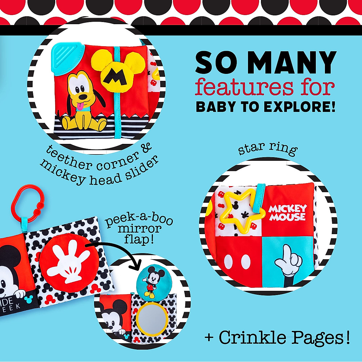 KIDS PREFERRED Disney Baby Minnie Mouse High Contrast Soft Book with On The Go Clip and Teether, 5 Inches, Multicolor (KP81256)