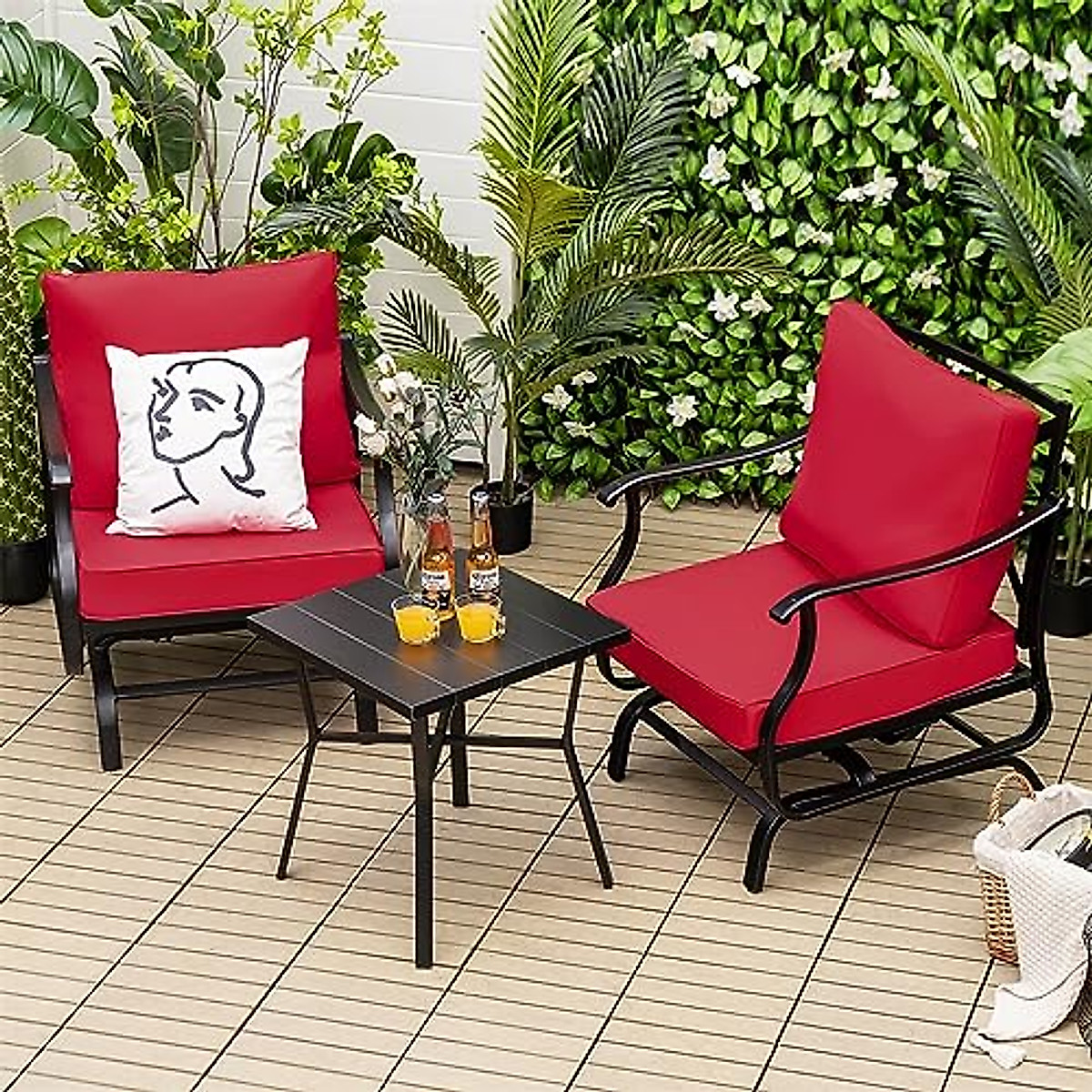 ZHYHSM-111 3PCS Patio Rocking Bistro Set Cushioned Chair Armrest Side Table Red