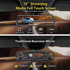 10'' Mirror Dash Cam Night Vision 1080P FHD Full Touch Screen Front and Rear View Backup Camera for Cars Loop Recording Streaming Media 170°Wide Angle Parking Assistance with 10 Meters Cable