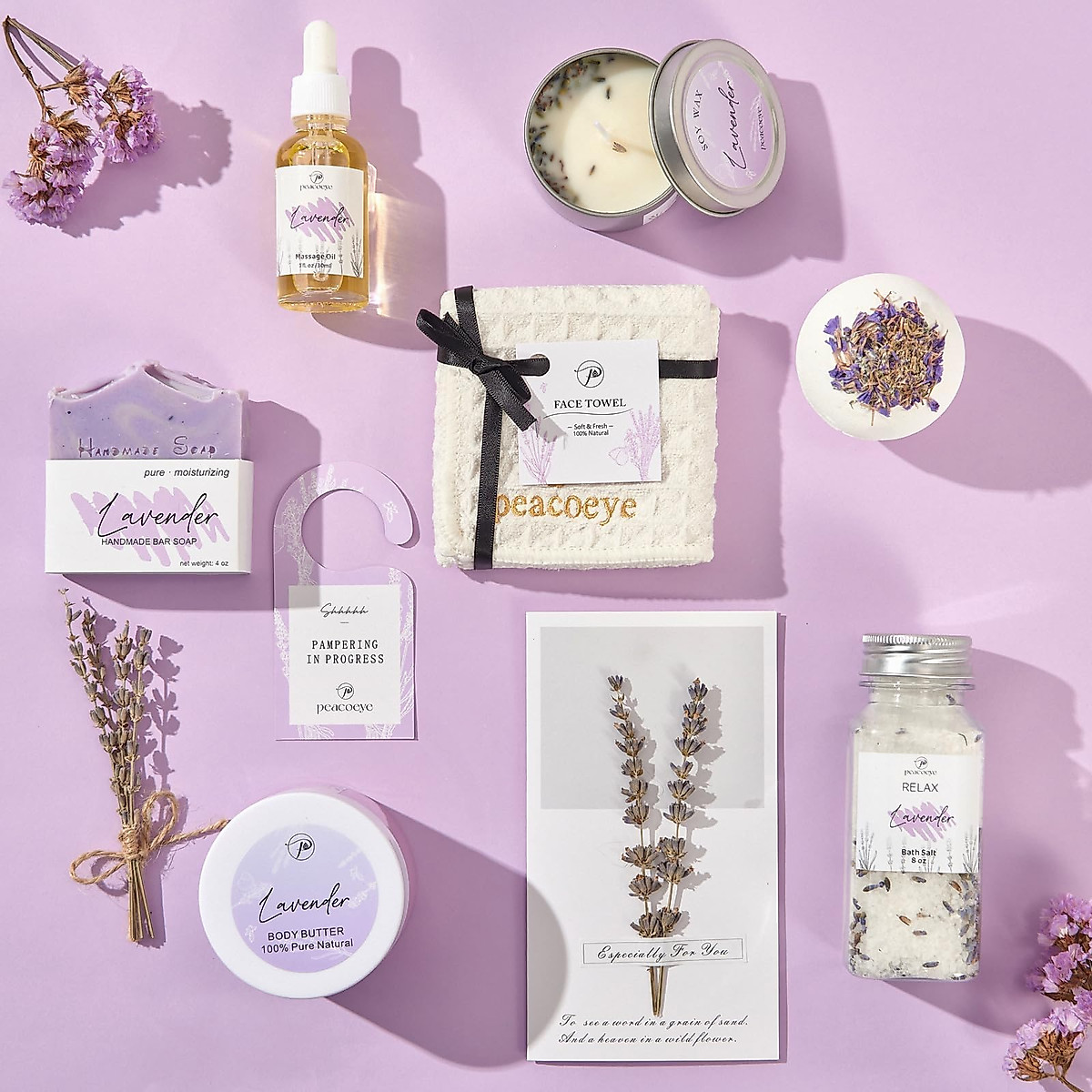Peacoeye Gifts for Women Spa Lavender Bath Gift Baskets Mothers Day Gifts Relaxing Self Care Gift for Mom Her Sister Wife Auntie Home Bath Kit Care Package Birthday Friendship Gift Ideas