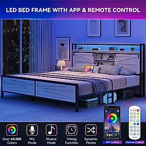 YITAHOME Farmhouse King Bed Frame with Storage Bookcase Headboard, Platform Bed Frame with LED Lights and Charging Station, Sliding Barn Door, Solid Metal Slats, No Box Spring Needed (White)