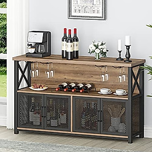 LVB Wine Bar Cabinet, Industrial Sideboard Buffet/Coffee Bar Cabinet for Liquor and Glasses, Farmhouse Metal Wood Rack Cabinet for Home Living Dining Room Kitchen, Rustic Oak, 47 Inch